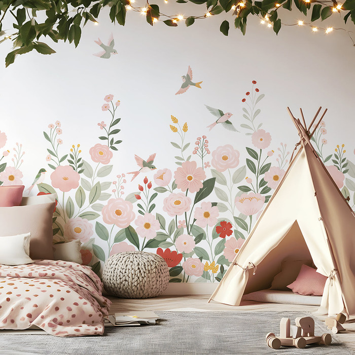Delicate Floral Motifs and Graceful Birds Pink White Non Woven Mural ...