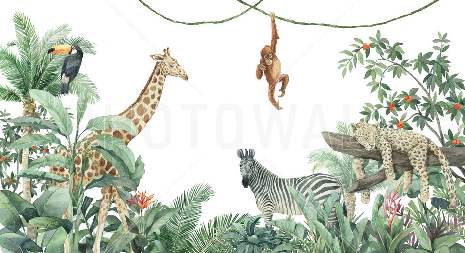 Jungle Friends Toucan Giraffe Monkey Zebra Leopard Wallpaper Mural