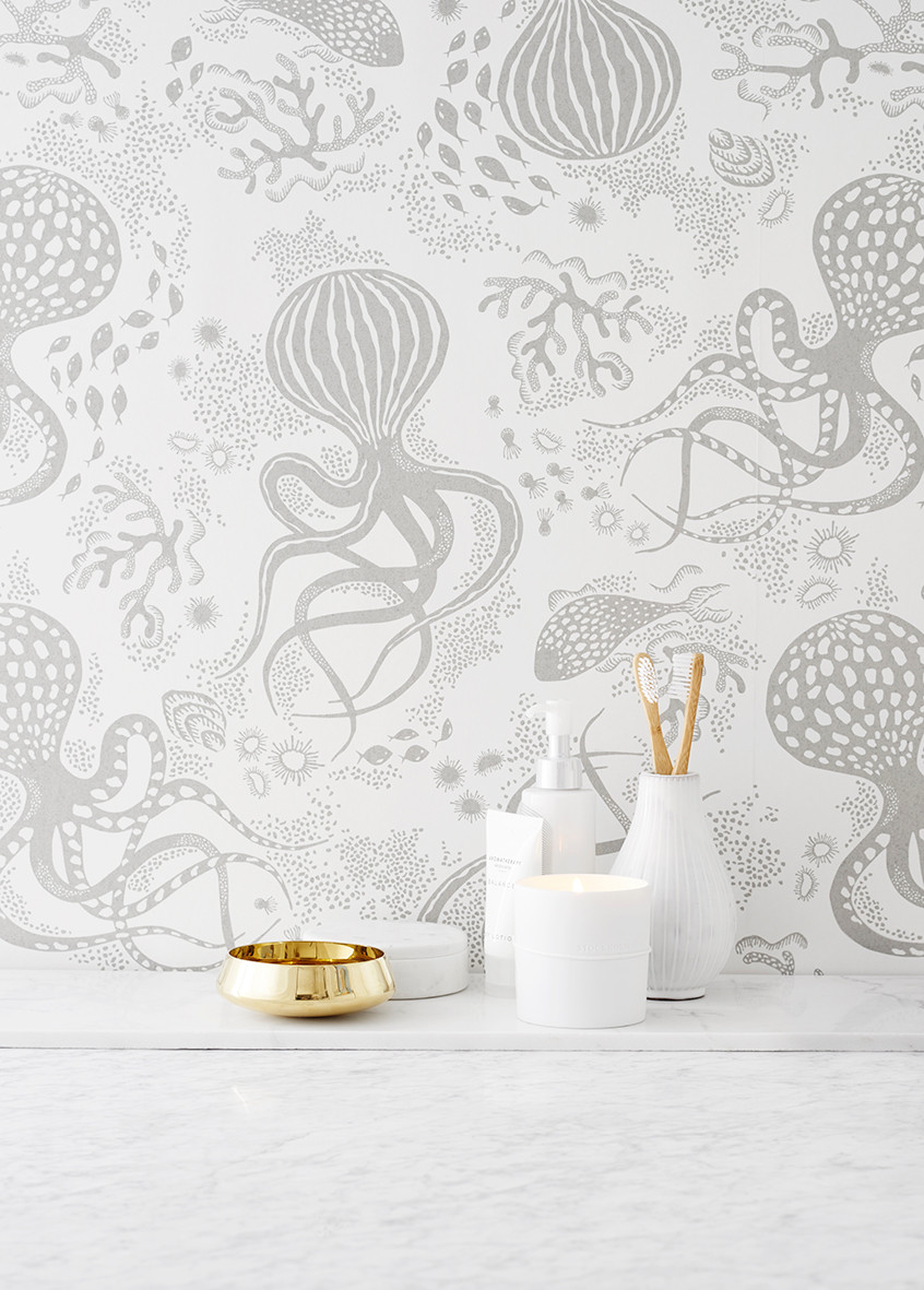 Hand Painted Floating Sea Animals Dark Grey Wallpaper | Littlephant Aquatic