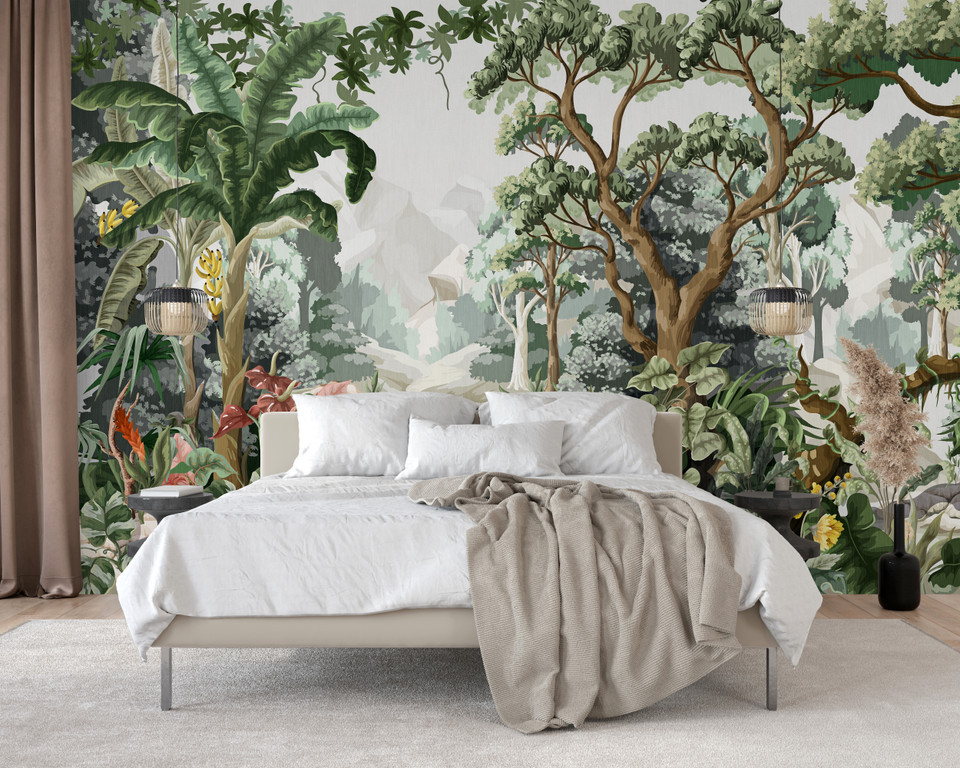 Muted Tones Tree Landscape Paint Effect Wallpaper Mural | Banana Palm