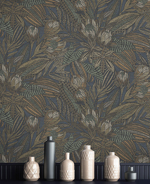 Proteas Flowers Leaves Lightly Textured Effect Navy Blue Wallpaper | Susara