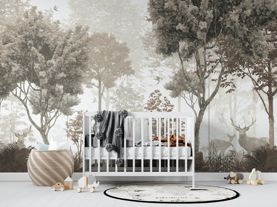 Beautiful Treescape Forest Wallpaper Mural with Deer and Birds