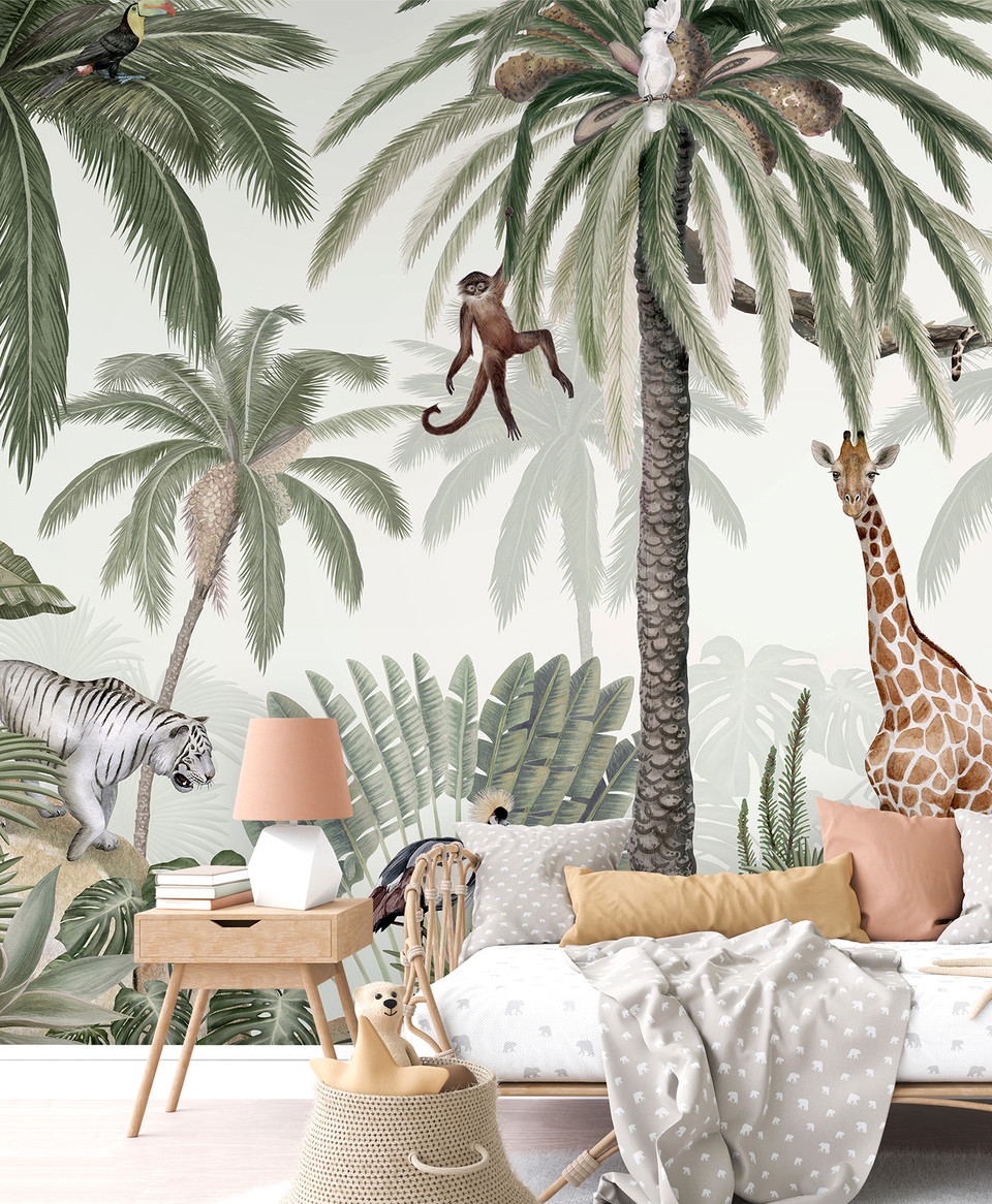 Amazonia Tropical Jungle Animals Wallpaper Mural | Zebra Giraffe Exotic ...