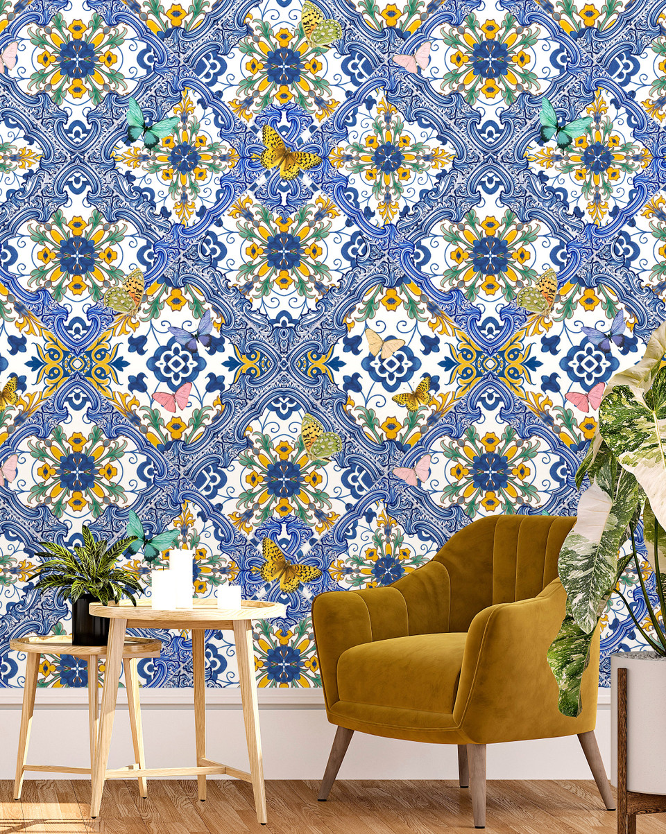 Diamond European Effect Blue Mural Wallpaper | Bloomery Decor Sicilian ...