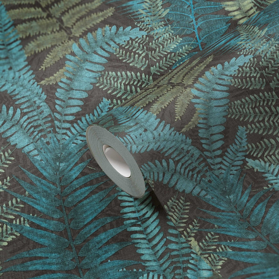 Botanical Tropical Fern Leaves Blue Textured Wallpaper | Living Walls ...
