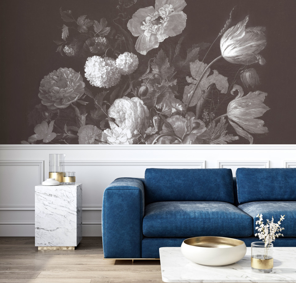 Large Scale Moody Baroque Floral Sepia Black Wallpaper Mural | Bloomery ...