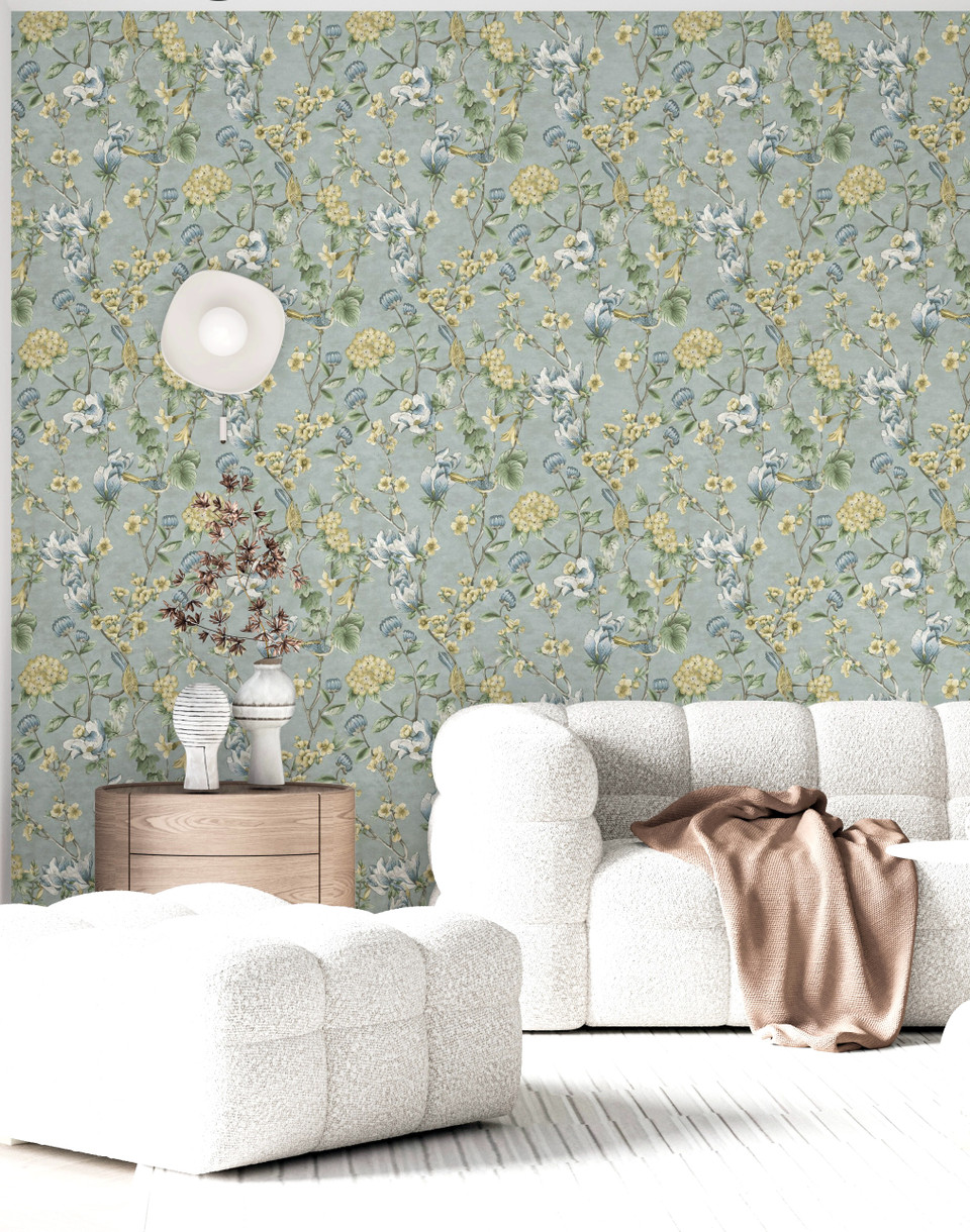 Playful Birds English Floral Blooms Blue Wallpaper | Nightingale