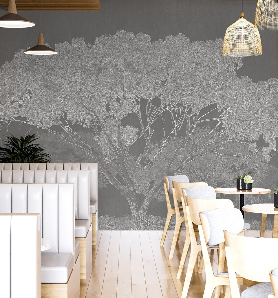 Charcoal Australian Bush Eucalyptus & Acacia Trees Wallpaper Mural