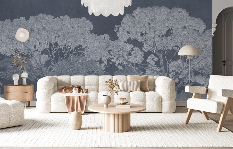 Navy Blue Australian Bush Eucalyptus & Acacia Trees Wallpaper Mural