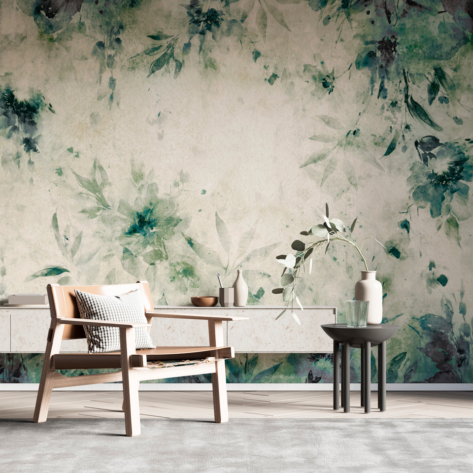 Watercolour Trailing Leaves Flowers Green Mural Wallpaper | Origin ...