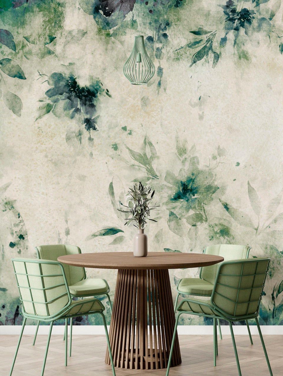 Watercolour Trailing Leaves Flowers Green Mural Wallpaper | Origin ...