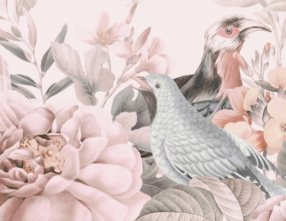 Soft Pink and Blue Birds and Flowers Wallpaper Mural