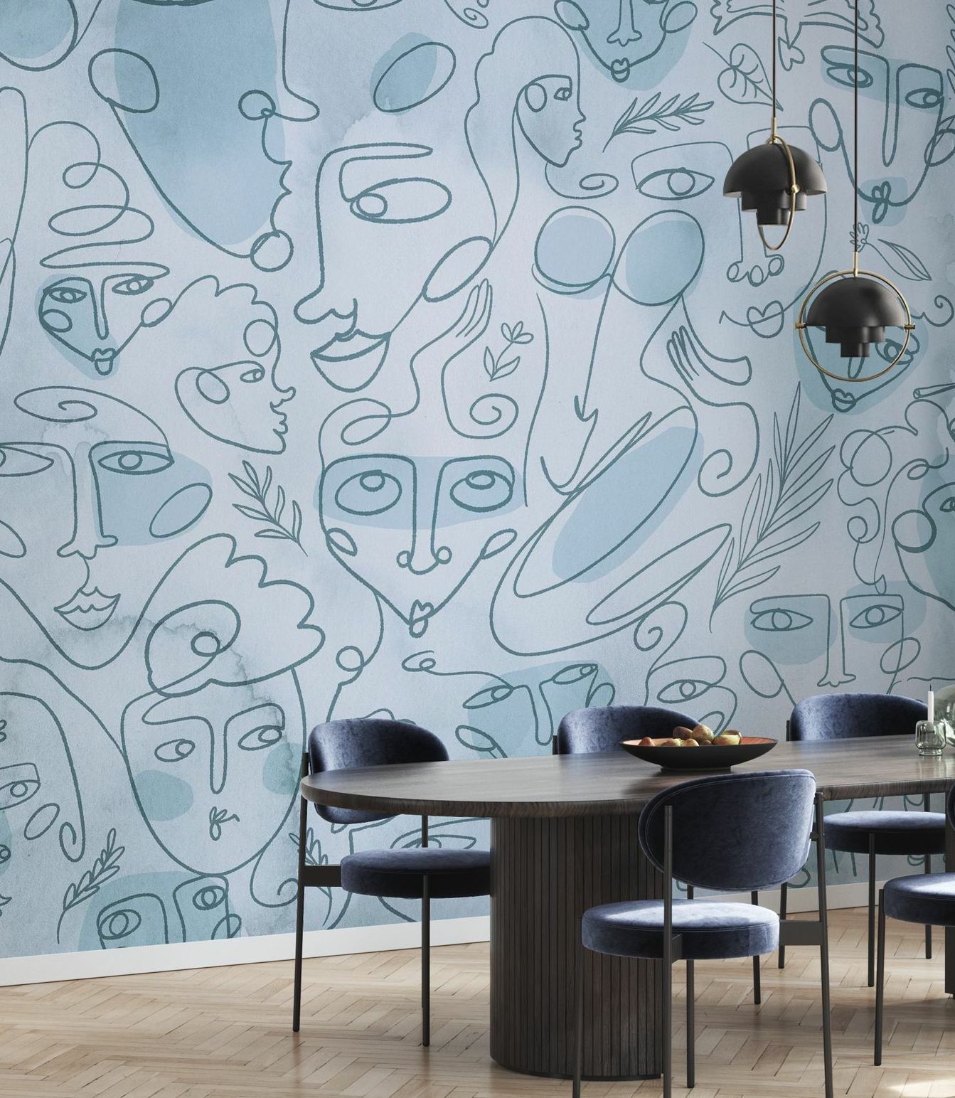 Blue Line Face Drawing Wallpaper Wall Mural | Photowall Sweden Line ...