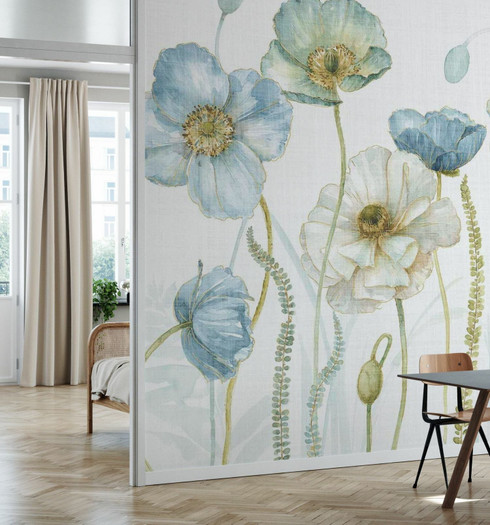 Watercolour Flowers Bright Colourful Linen Pattern Wallpaper Mural