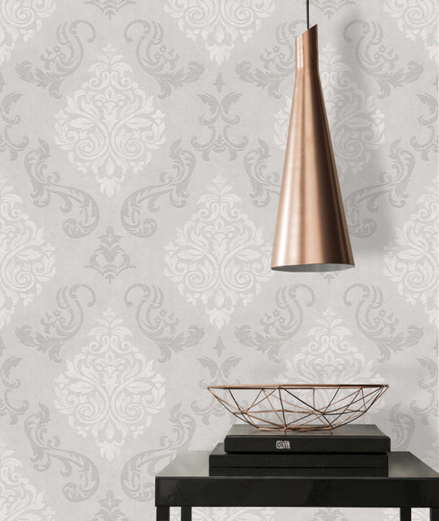 Large Damask Leaves Beige Metallic Silver Wallpaper | AS Creation Dimity