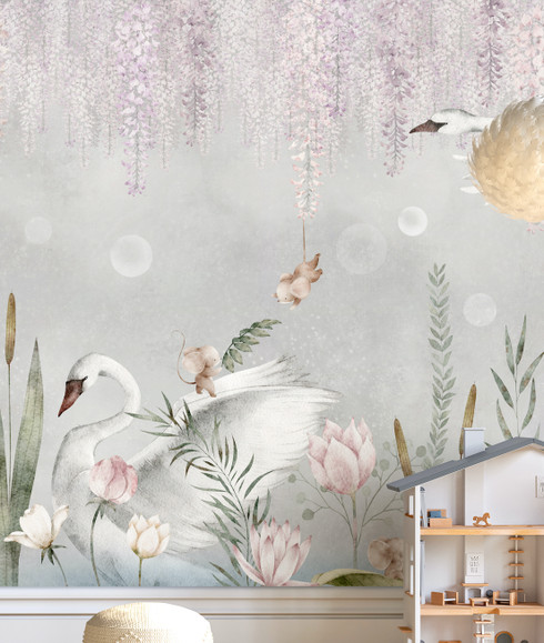 Grey Watercolour Swan and Mouse Children's Nursery Wallpaper Mural