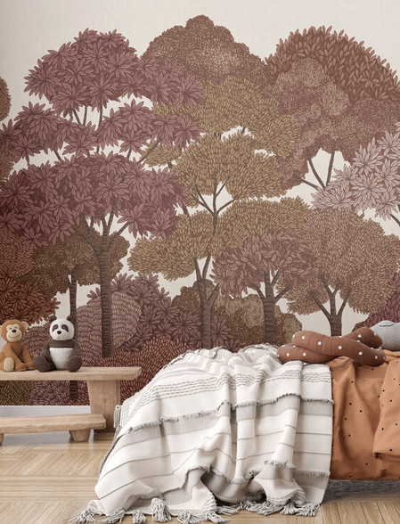 Sketched Canopy Trees Forest Brown Maroon Wallpaper Mural