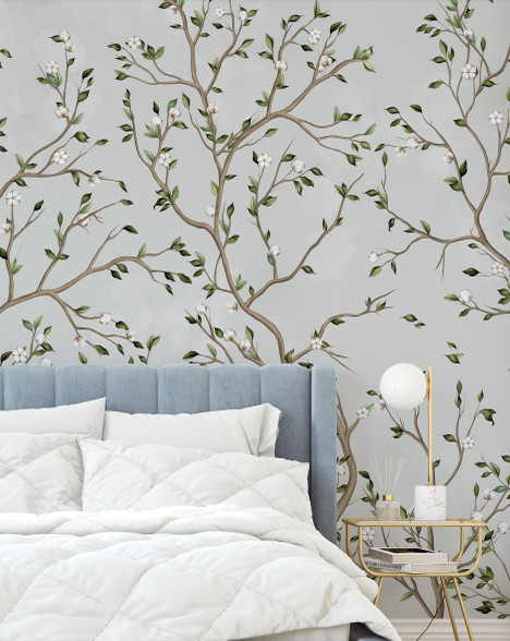Sky Blue Woodland Trees with Cotton Flowers Wallpaper Mural