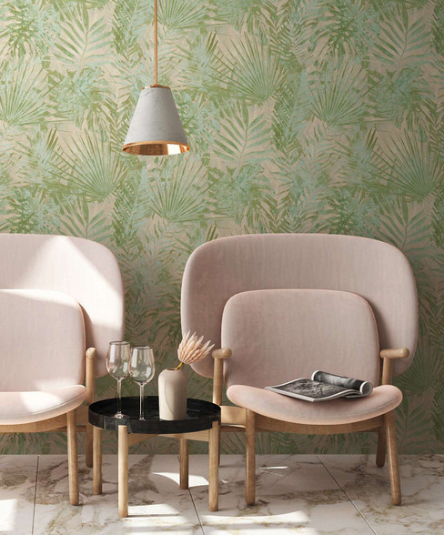 Tropical Large Scale Palm Leaves Embossed Green Beige Wallpaper | AS ...