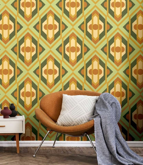 Retro Geometric Diamond Trellis Green Orange Yellow Wallpaper | AS ...