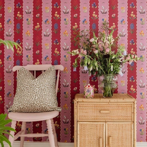 Floral Stripe Berry Red Blush Pink Wallpaper | Wear The Walls Mavis