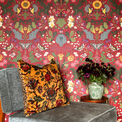 Botanical Fruit And Flowers Hand Painted Effect Berry Red Wallpaper ...