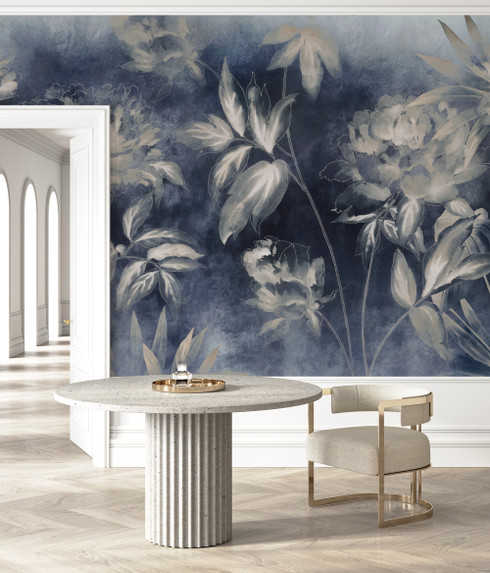 Blue and Soft Gold Large Scale Flowers and Leaves Wallpaper Mural
