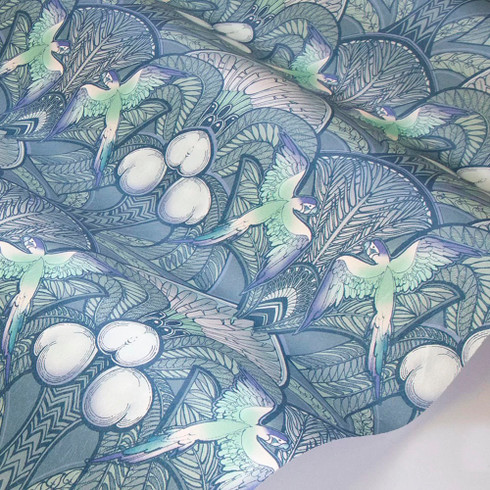 Art Deco Fluttering Parrots Amongst Palm Leaves Blue Green Wallpaper ...