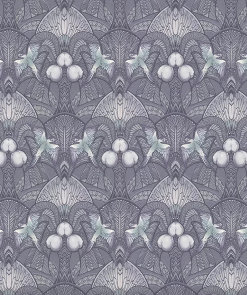 Art Deco Fluttering Parrots Amongst Palm Leaves Grey Wallpaper ...
