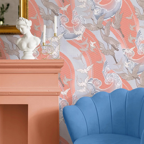Abstract Chinoiserie Flying Cranes Pale Orange Coral Wallpaper ...
