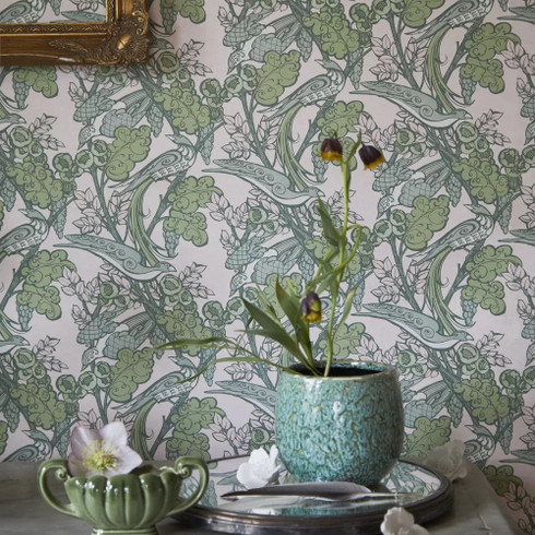Vines Trailing Branches Bird Motifs Pink Wallpaper | Laurence Llewelyn ...