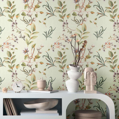 Dainty Floral Leaves Matte Cream Green Wallpaper | AS Creation Andrea