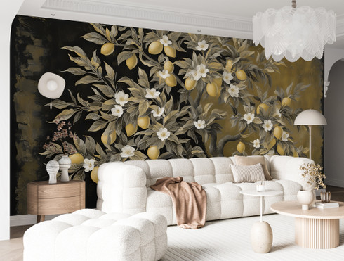Muted Black and Yellow Lemon Tree Wallpaper Mural | Imary By Maryna