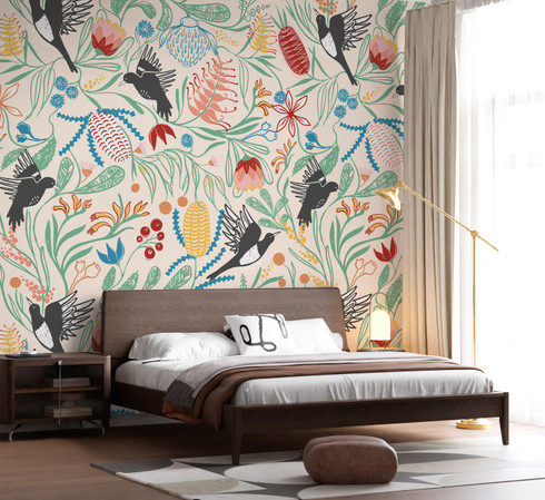Cream and Bright Multicolour Australian Theme Magpie Birds Wallpaper Mural