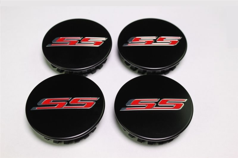 Chevrolet Satin Black Wheel Center Caps w/Red "SS" Logo, Set of 4