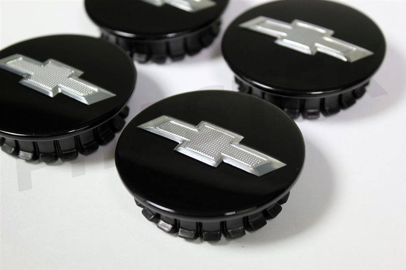 Chevrolet Gloss Black Wheel Center Caps w/Silver Bowtie Logo, Set of 4