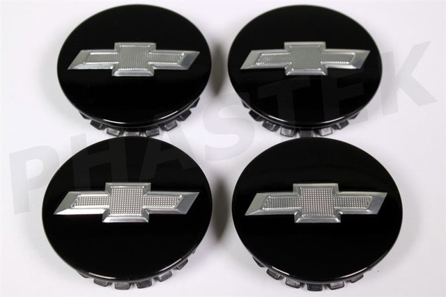 Chevrolet Gloss Black Wheel Center Caps w/Silver Bowtie Logo, Set of 4