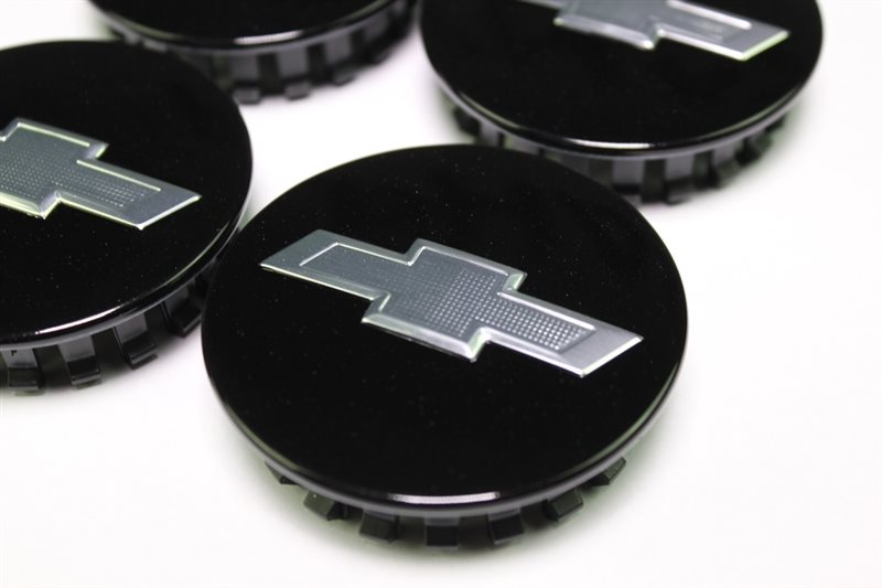 Chevrolet Gloss Black Wheel Center Caps w/Silver Bowtie Logo, Set of 4