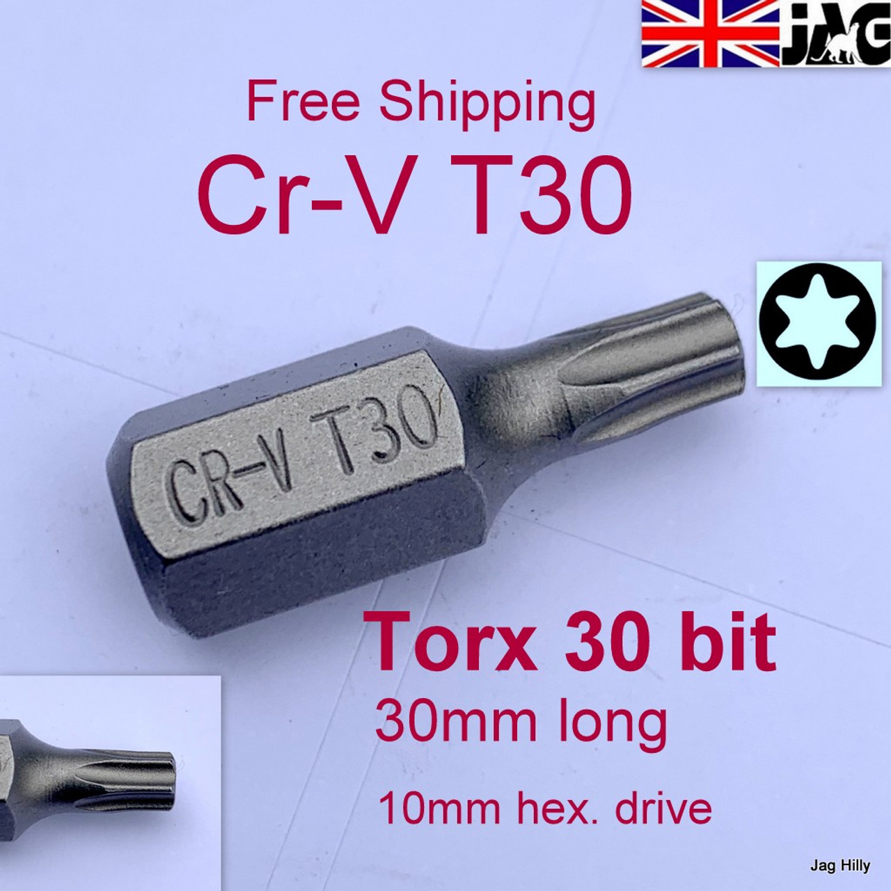 T30 TORX BIT 30mm long 10mm Hex Drive Tx Star bit No weakening hole