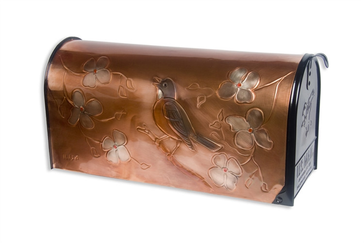 Rural Robin and Dogwood Copper Mailbox at Weathervanes of Maine