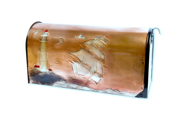 Rural Clippership and Lighthouse Copper Mailbox at Weathervanes of Maine