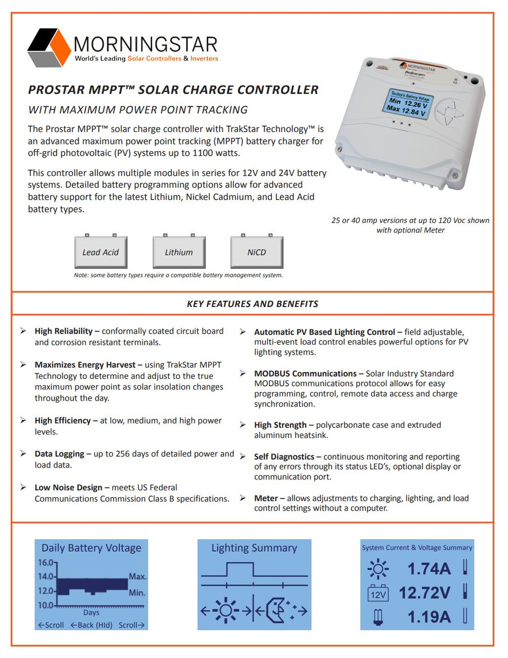 Stellavolta: Morningstar PS-MPPT-40 ProStar Charge Controller 40A