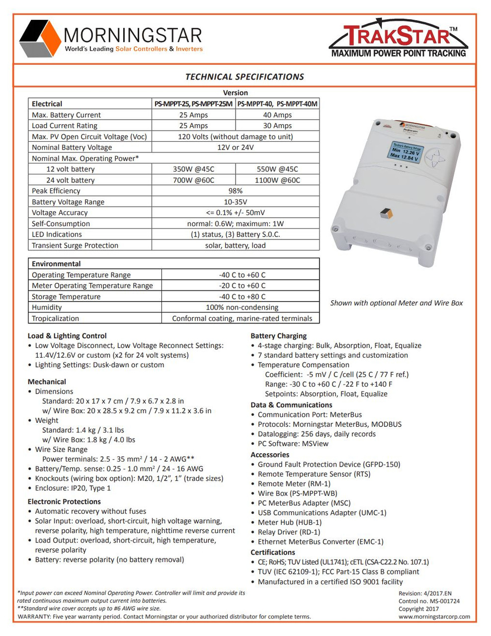 Stellavolta:Morningstar PS-MPPT-40M ProStar Charge Controller 40A