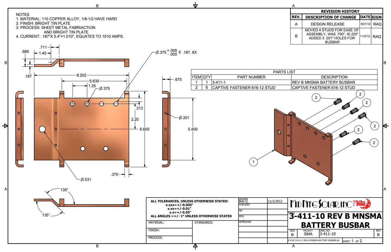 Stellavolta: MidNite Solar MNBCB-BUSBAR Battery Combiner Busbar 1000A