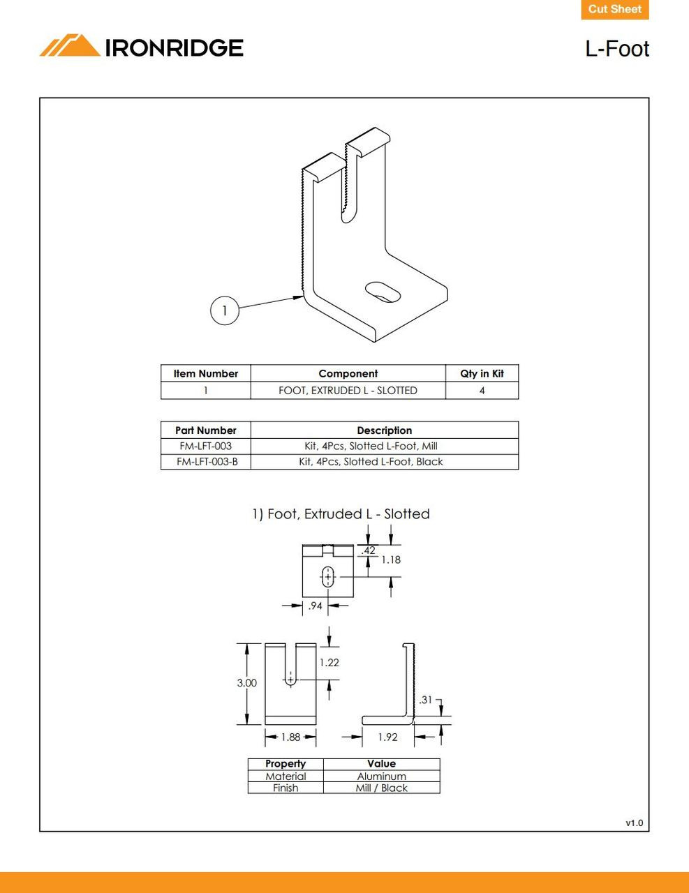 Stellavolta IronRidge LFT-03-B1 Slotted L Foot Black Qty. 1