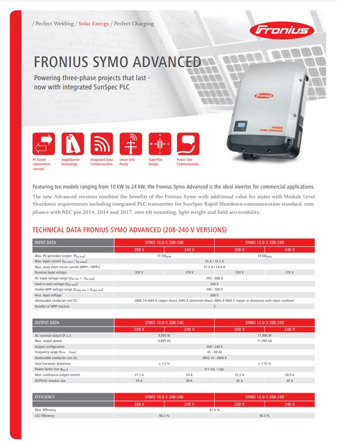 Stellavolta: Fronius 4,210,093,801 Symo Advanced 20.0-3 480VAC 20kW