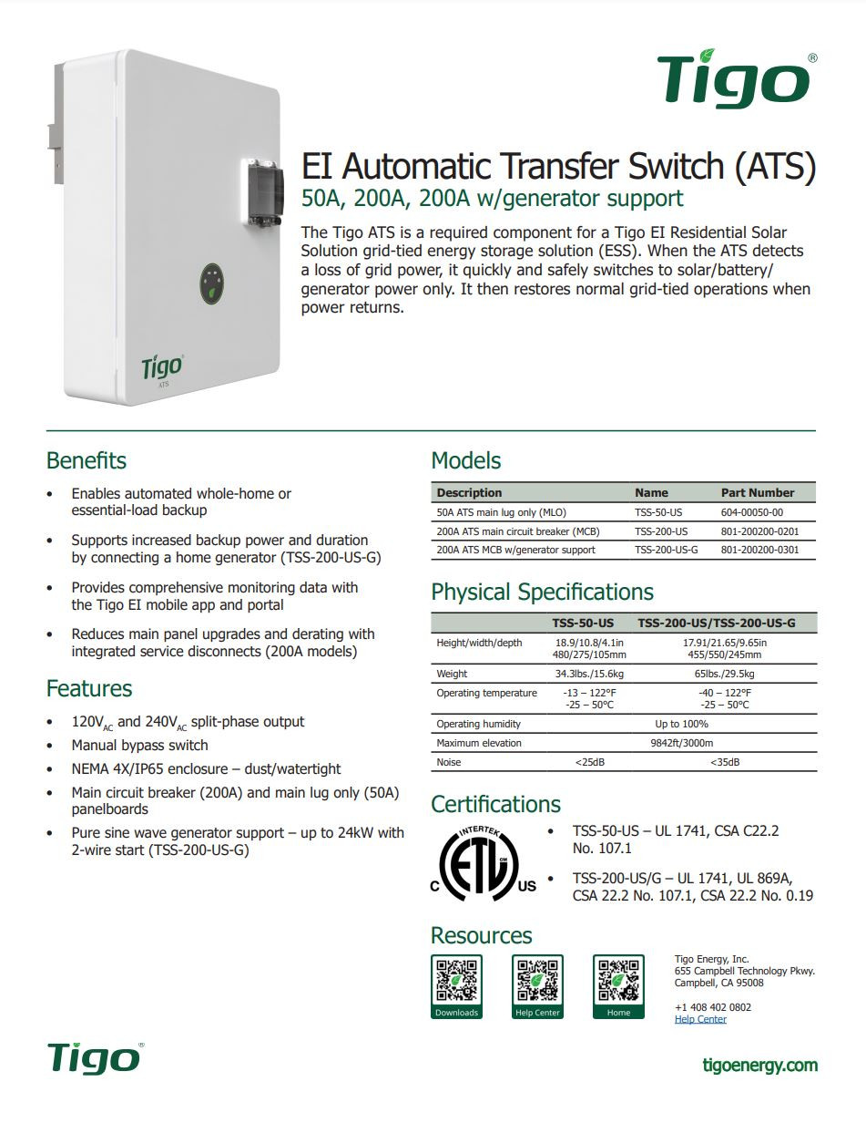 Stellavolta: Tigo TSS-200-US Automatic Transfer Switch ATS 200A