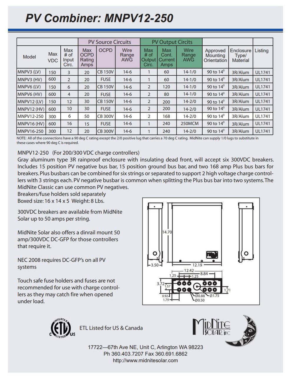 Stellavolta: MidNite Solar MNPV12-250 Combiner
