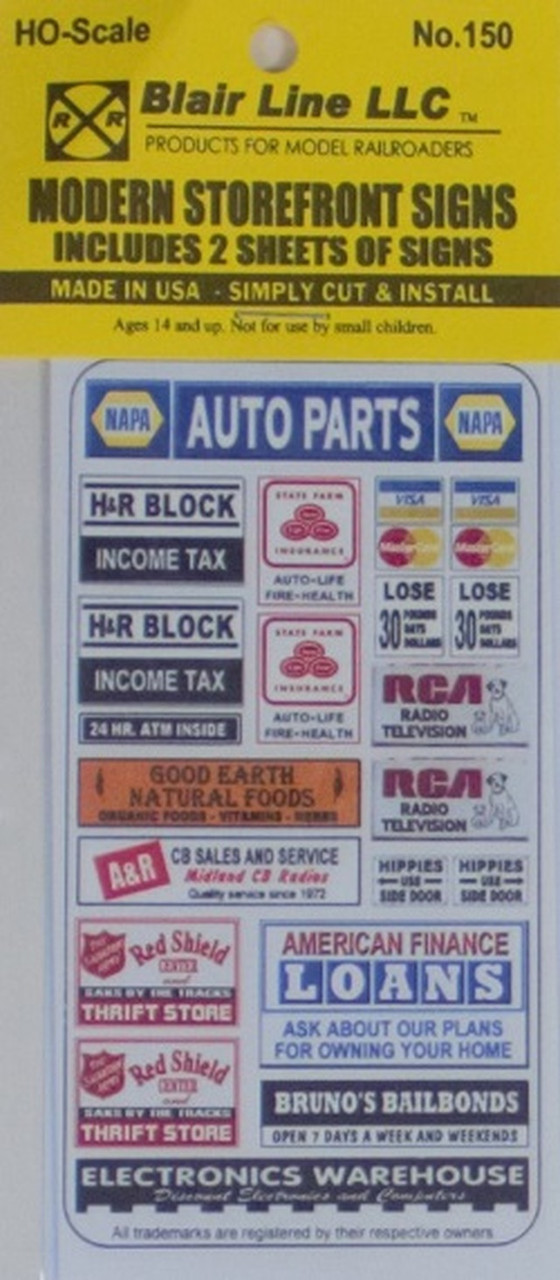 Blair Line ~ HO Scale ~ Modern Storefront Signs ~ 150 - Iron Planet Hobbies