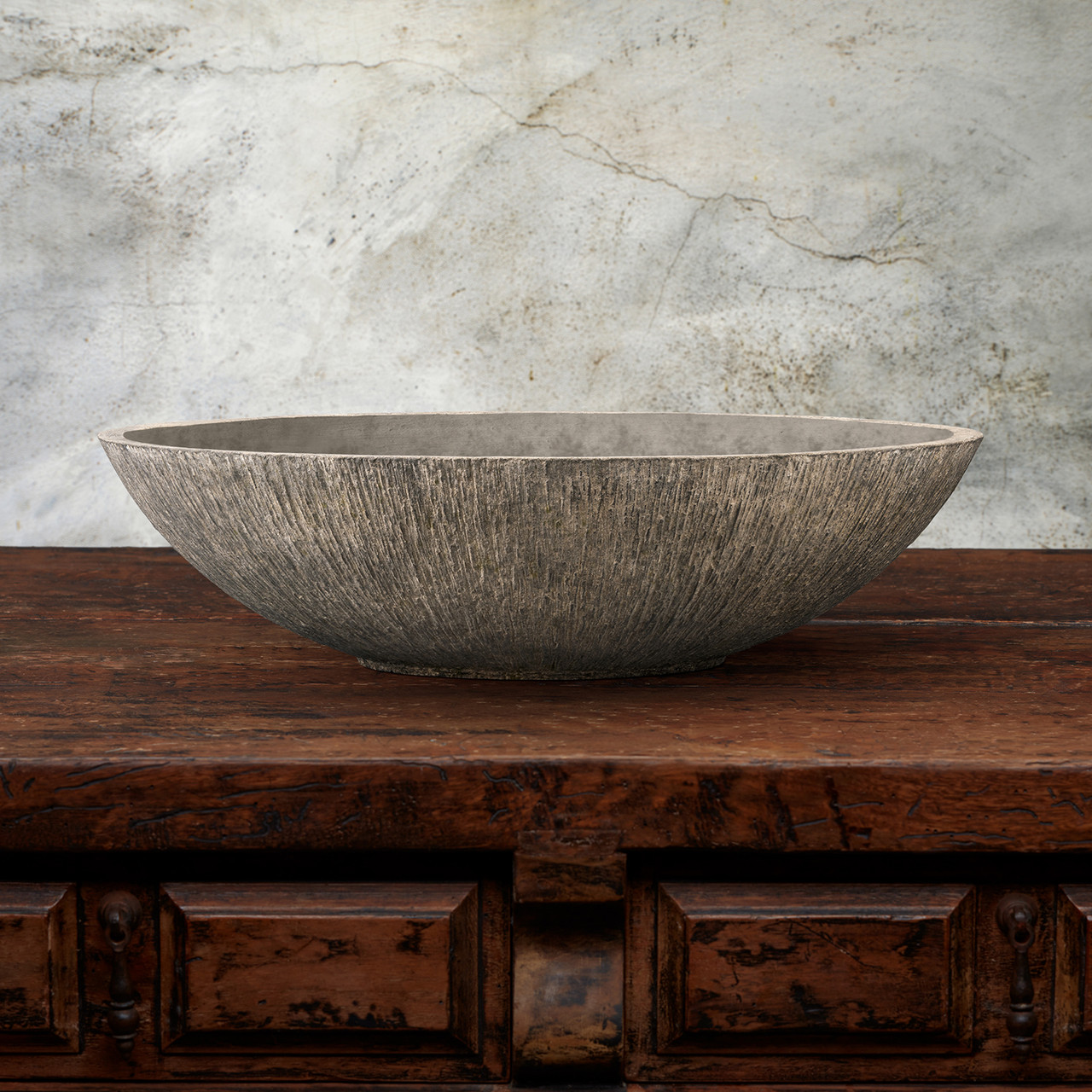 Turo Low Bowl – Cast Stone Vessel with Vertical Etchings | 2 Sizes